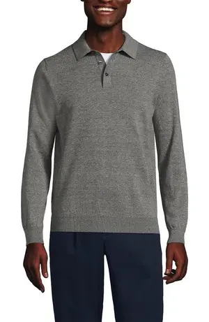 LANDS' END Long Sleeve Cotton Sweater Polo - Warm Graphite Heather