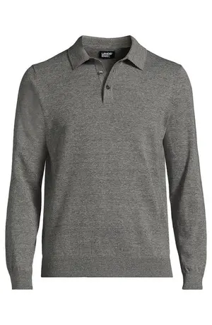 LANDS' END Long Sleeve Cotton Sweater Polo - Warm Graphite Heather