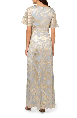 Adrianna Papell Metallic Leaf Jacquard Draped Gown