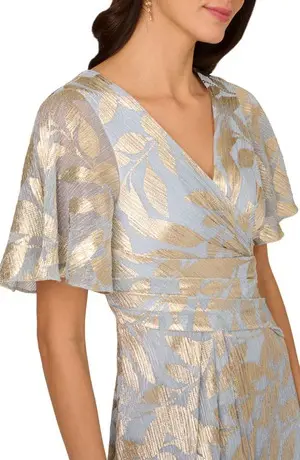 Adrianna Papell Metallic Leaf Jacquard Draped Gown