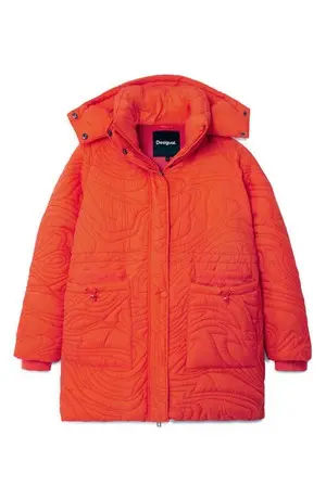 Desigual Aarhus Embroidered Quilted Coat - Orange