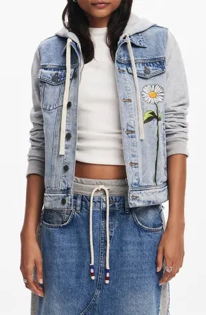 Desigual Mixed Media Denim & Cotton Fleece Hoodie - Blue