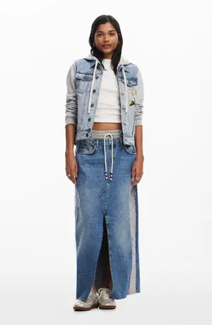 Desigual Mixed Media Denim & Cotton Fleece Hoodie