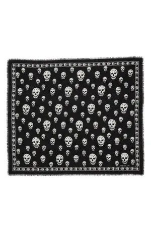 Alexander McQueen Skull Print Wool Fringe Scarf Black/ivory