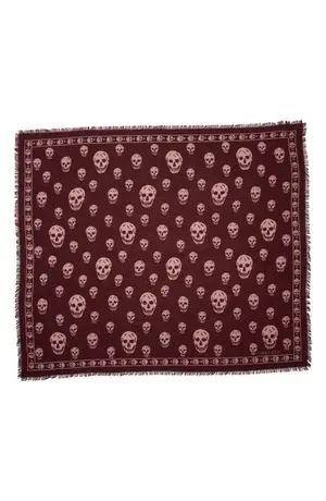 Alexander McQueen Skull Print Wool Fringe Scarf - Burgundy/ Pink