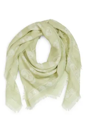 Alexander McQueen Skull Print Wool Fringe Scarf - Oyster/ Ivory
