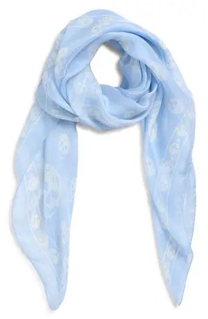 Alexander McQueen Skull Print Silk Scarf - Iceblue/white