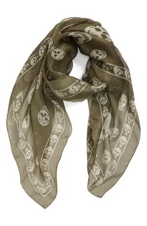 Alexander McQueen Skull Print Silk Scarf - Olive