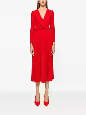 NISSA Pleated V-neck Midi Dress - Red