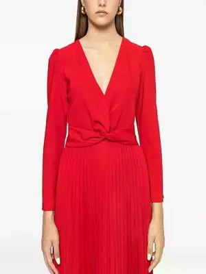 NISSA Pleated V-neck Midi Dress - Red