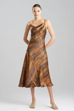 Natori Paisley Cowl Neck Silk Slip Dress