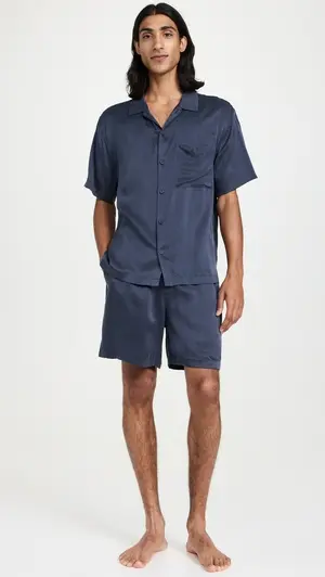 Lunya Washable Silk Button Up Short Pj Set - Deep Blue