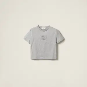 Miu Miu 23ss ロゴワッペンコットンTシャツ Grey Miu Miu Cotton Jersey T-Shirt - Grey | Editorialist