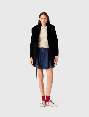 Maje Double-faced Mid-length Coat With Removable Fur Collar - Black