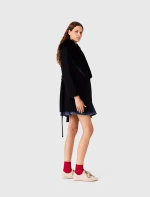 Maje Double-faced Mid-length Coat With Removable Fur Collar