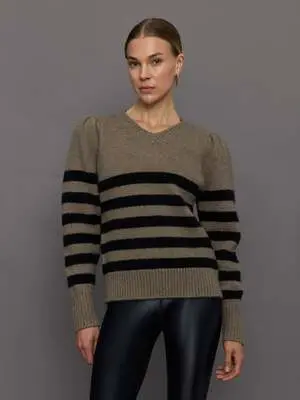 Carbon38 Striped Puff Sleeve Sweater - Stone / Black