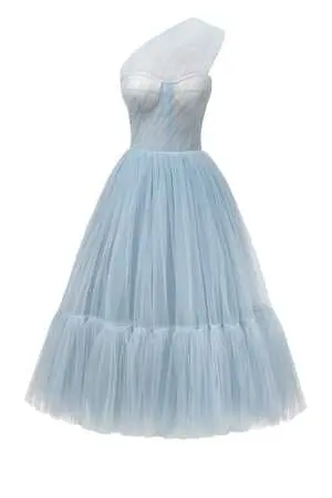 MILLA One-Shoulder Tulle A-Line Midi Dress - Light Blue