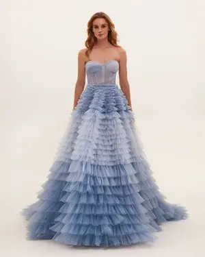 MILLA Milla Strapless Frill Layered Tulle Gown - Light Blue