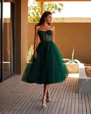 MILLA Strapless Tulle Midi Dress - Emerald Green