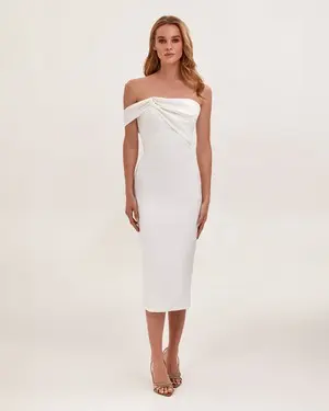 MILLA Milla Off-the-Shoulder Ruched Gabardine Midi Dress - White