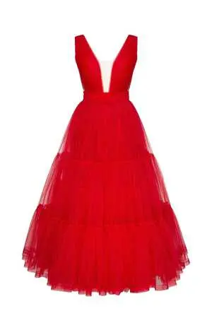 MILLA Tulle Midi Dress With Plunging Neckline And Cut Outs