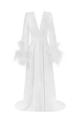 MILLA Feather-trimmed Satin Robe