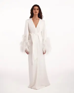 MILLA Feather-trimmed Satin Robe