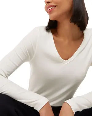 Whistles Essentials Ribbed V-neck Top - Ivory