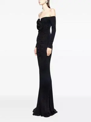 NISSA Floral Appliqué Ruched Maxi Dress