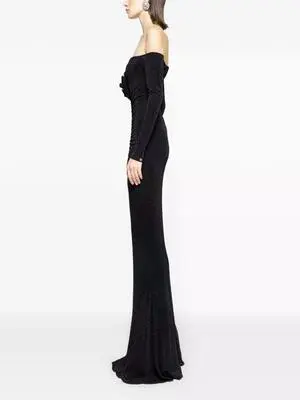 NISSA Floral Appliqué Ruched Maxi Dress