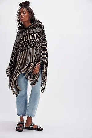 Free People Printed Cotton Poncho With Fringe