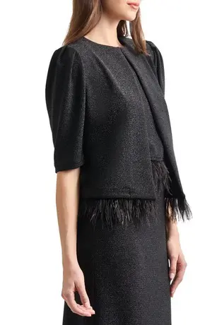 Misook Sparkle Feather Trim Jacket