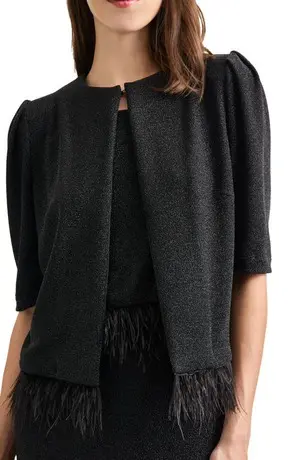 Misook Sparkle Feather Trim Jacket