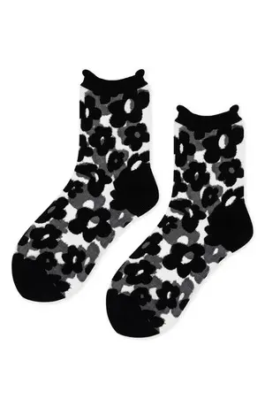 Hansel From Basel Poppy Flower Sheer Crew Socks - Black