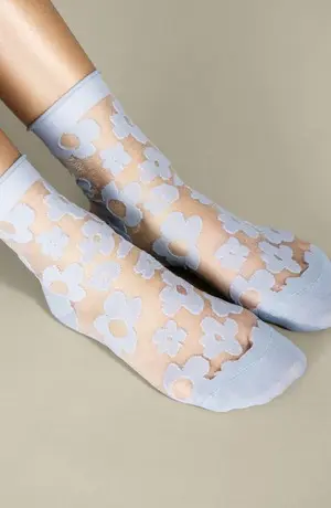 Hansel From Basel Poppy Flower Sheer Crew Socks - Grey