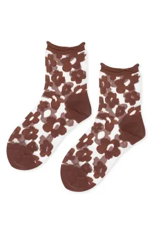 Hansel From Basel Poppy Flower Sheer Crew Socks - Mocha