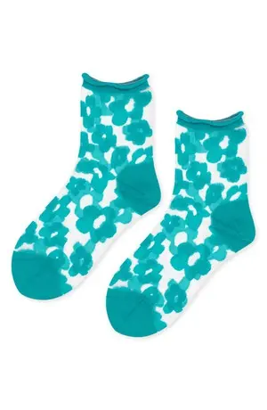 Hansel From Basel Poppy Flower Sheer Crew Socks - Sea Green