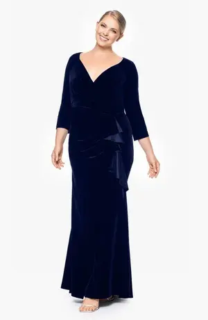 XSCAPE EVENINGS Ruffle Stretch Velvet Gown