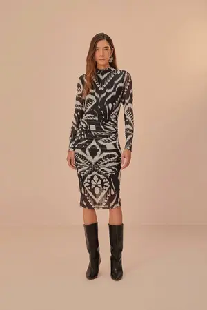 Farm Rio Pineapple Ikat Tulle Midi Dress - Pineapple Ikat Black