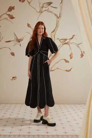 Farm Rio Short Sleeve Midi Shirt Dress - Black And White