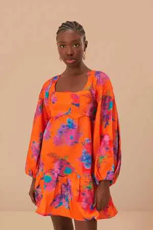 Farm Rio Orange Bouquet Ikat Brocade Mini Dress