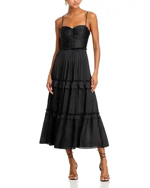 Aqua Ruched Ruffled Midi Dress - Black