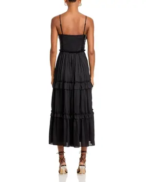Aqua Ruched Ruffled Midi Dress - Black
