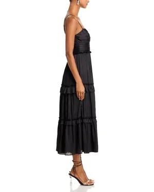 Aqua Ruched Ruffled Midi Dress - Black