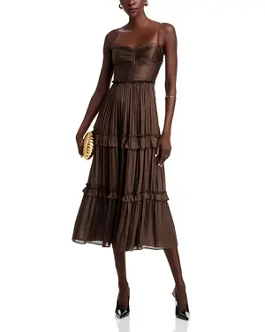 Aqua Ruched Ruffled Midi Dress - Aqua Dark Brown