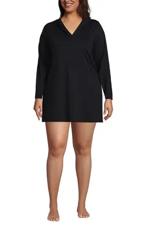 LANDS' END Cotton Jersey Long Sleeve Hooded Swim Cover-up Mini Dress - Black