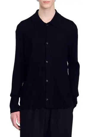 Sandro Rib Knit Collared Shirt Black