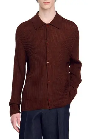 Sandro Rib Knit Collared Shirt Cognac