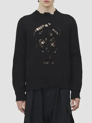 Alexander McQueen Distressed Skull Crewneck Cotton Sweater - Black