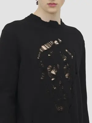 Alexander McQueen Distressed Skull Crewneck Cotton Sweater